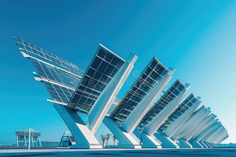 Solar Panel Array in Modern Architectural Design Under Clear Blue Sky ...