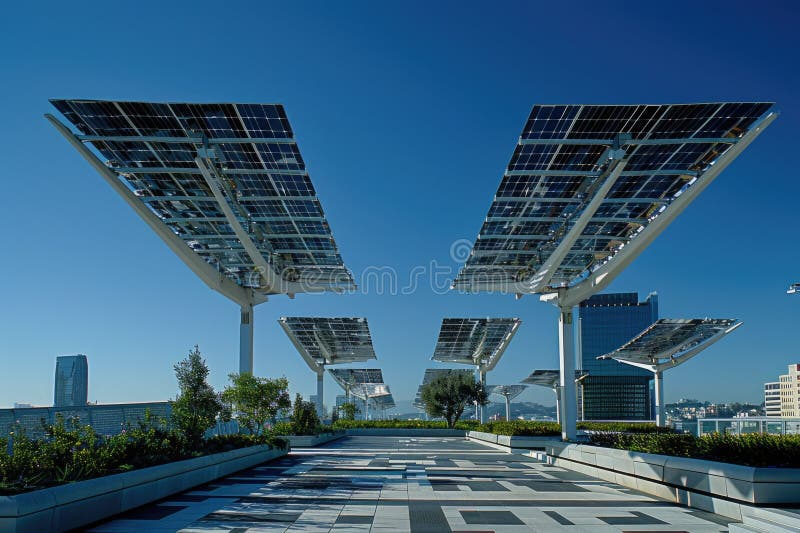 Solar Panel Array in Modern Architectural Design Under Clear Blue Sky ...