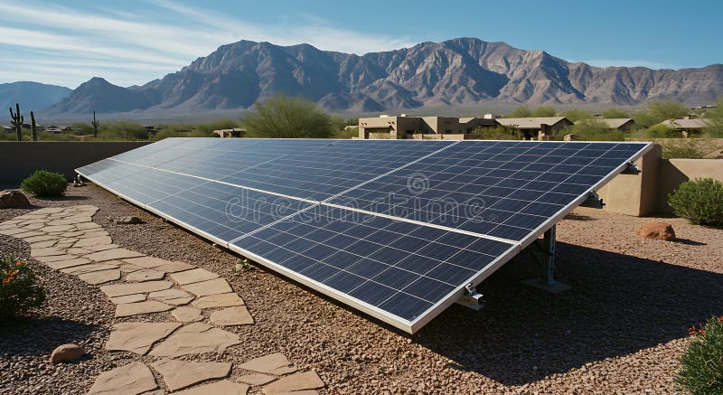 Ground-Mounted Solar Panels in Desert Landscape with Mountain Backdrop ...