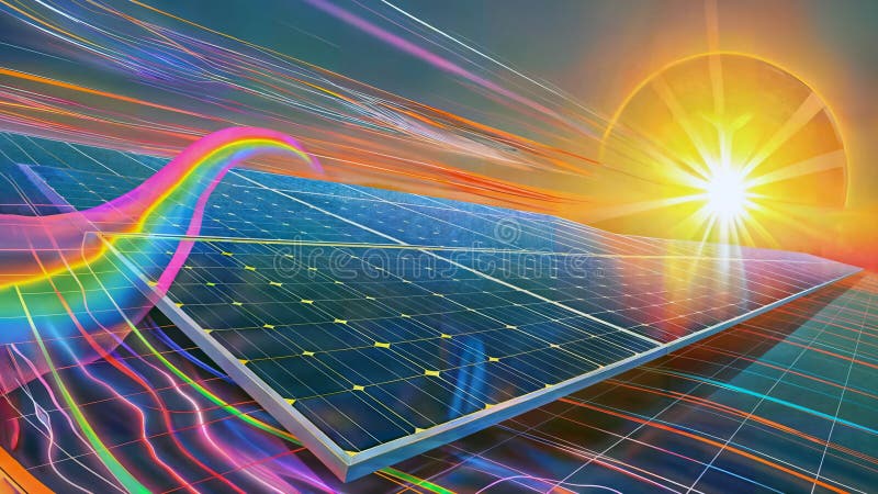 Solar Panel Array with Radiant Sun and Rainbow, Emphasizing Clean ...