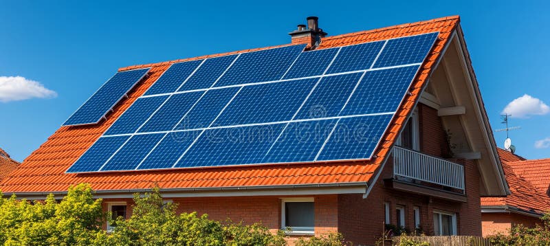 Solar Panel Array on a Red Roof House Under a Blue Sky. Green Energy ...