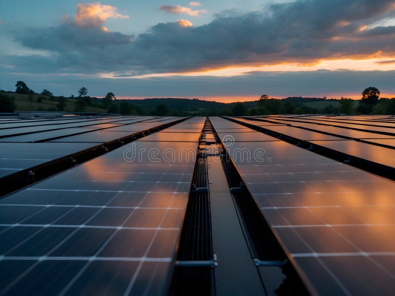 Solar Panel Array Reflecting Dramatic Sunset Sky Over Green Landscape ...