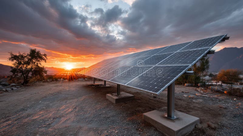Solar Panel Array Reflecting Sunrise in Desert Landscape Symbolizing ...