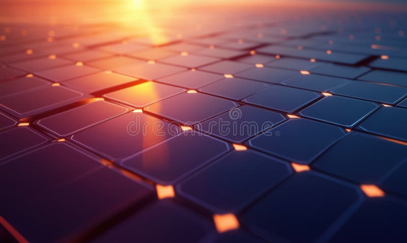 Solar Panel Array Reflecting Sunset Light with Vibrant Colors and ...