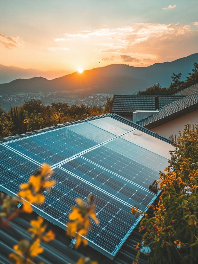 Solar Panel Array on Residential Rooftop Captures Sunset in Tranquil ...