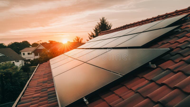 A Solar Panel Array on a Roof at Sunset, AI Stock Photo - Image of ...