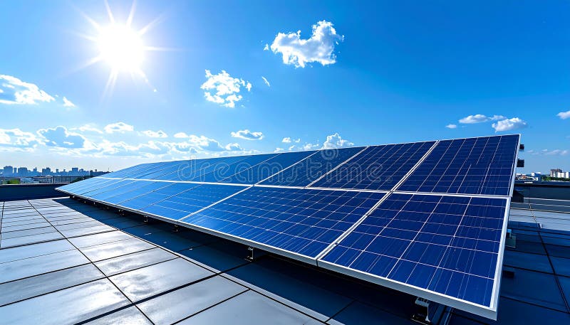 A Solar Panel Array on a Rooftop Against a Bright Blue Sky with ...