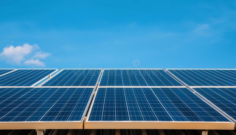 Solar Panel Array on Rooftop Under Bright Blue Sky with Clouds ...
