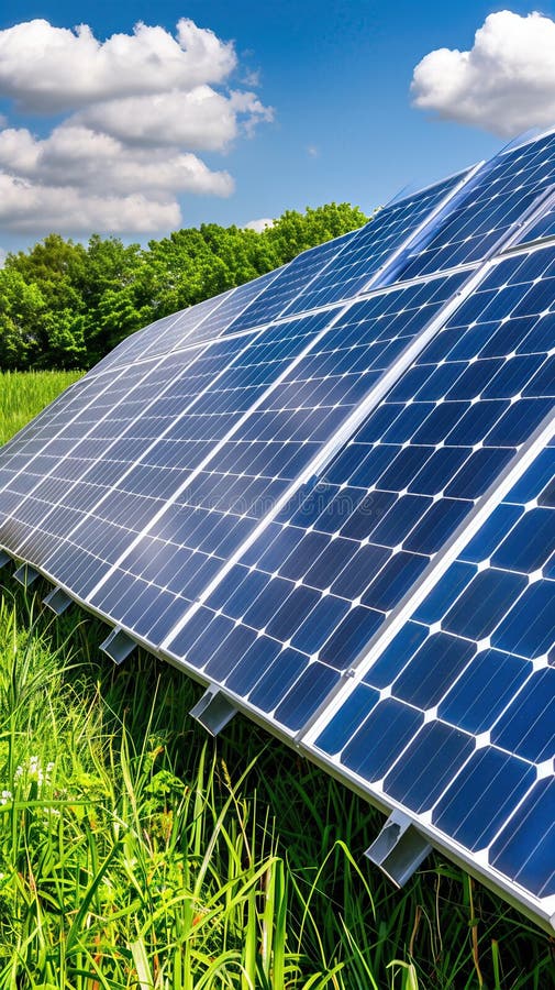 A Solar Panel Array is Shown in a Field with a Blue Sky Stock ...