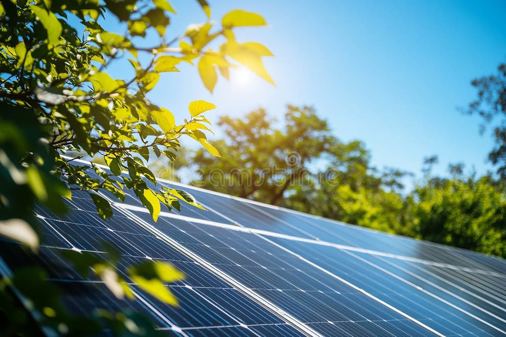 A Solar Panel Array is Shown in a Field with Trees in the Background ...