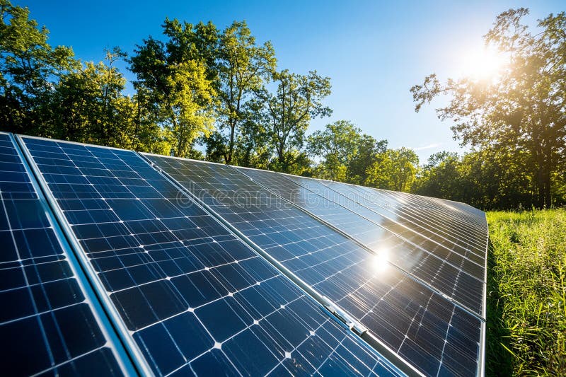 A Solar Panel Array is Shown in a Field with Trees in the Background ...
