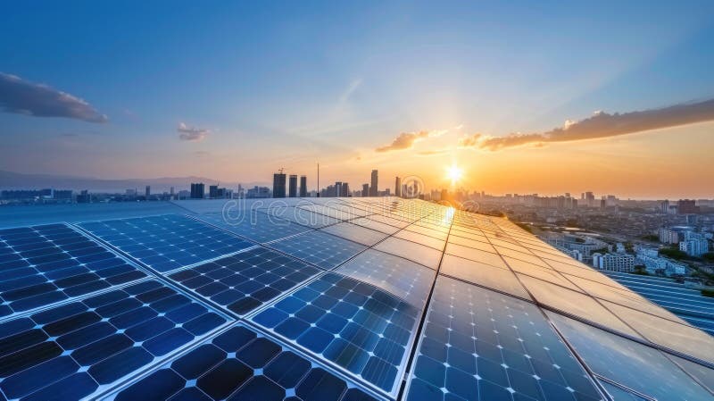 A Solar Panel Array is Shown in the Sky with the Sun Shining on it ...