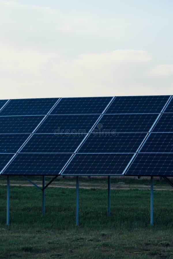 Solar Panel Array Stands on Metal Supports in a Grassy Field Stock ...