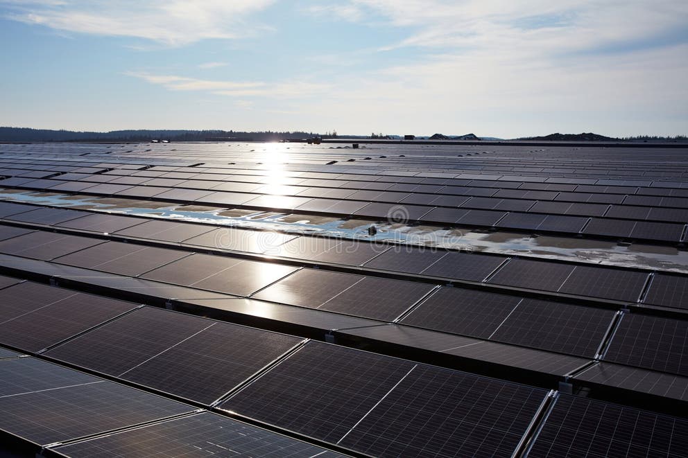 Solar Panel Array with Sun Reflection Stock Photo - Image of panels ...