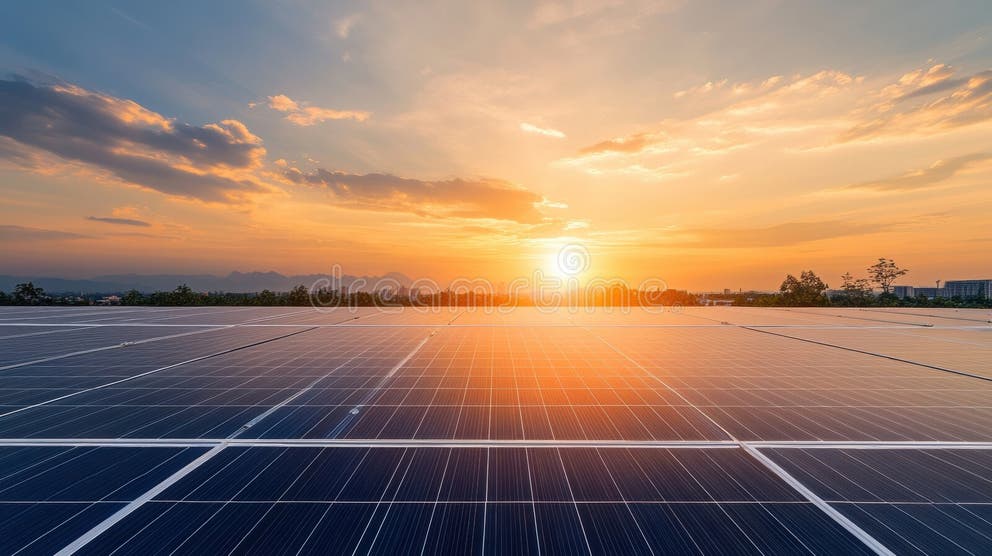 A Solar Panel Array with the Sun Setting in Front of it, AI Stock Image ...