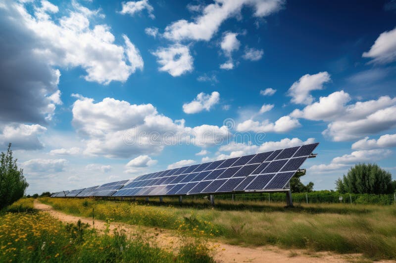 Solar Panel Array on a Sunny Day, with Blue Sky and Fluffy Clouds Stock ...