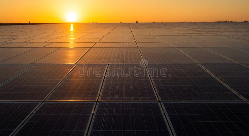 Solar Panel Array at Sunset with Golden Sky Reflection Stock ...
