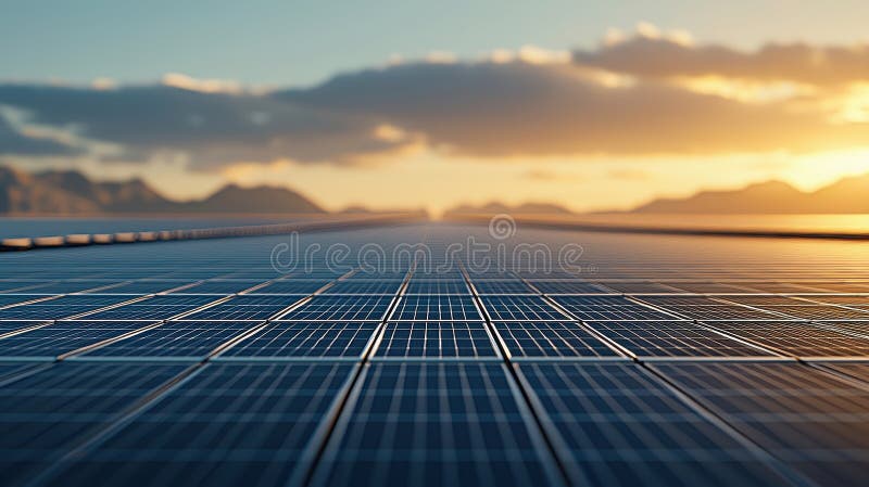 Solar Panel Array at Sunset with Mountains in the Background and Soft ...