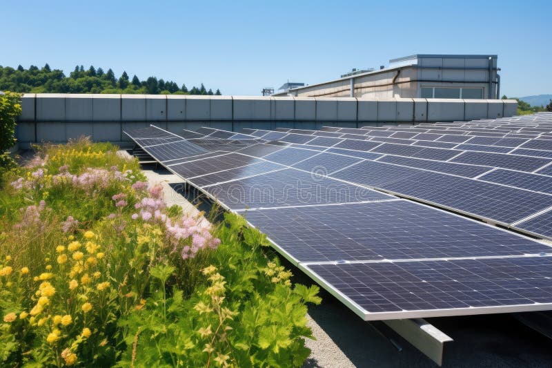 Solar Panel Array, Surrounded by Greenery, on a Rooftop Stock Image ...