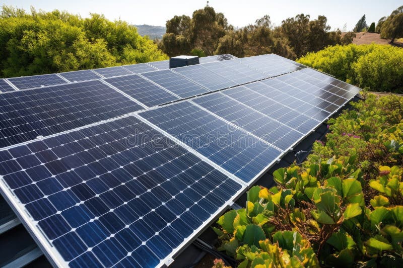 Solar Panel Array, Surrounded by Greenery, on a Rooftop Stock ...