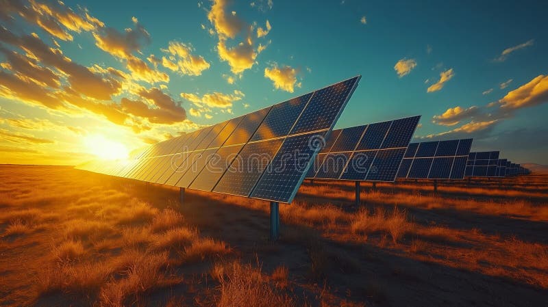 Solar Panel Array Under Bright Sunset Skies in Open Landscape Stock ...