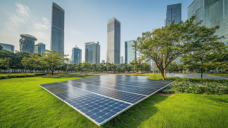 Solar Panel Array in Urban Park with Tall Buildings in Background Stock Illustration ...