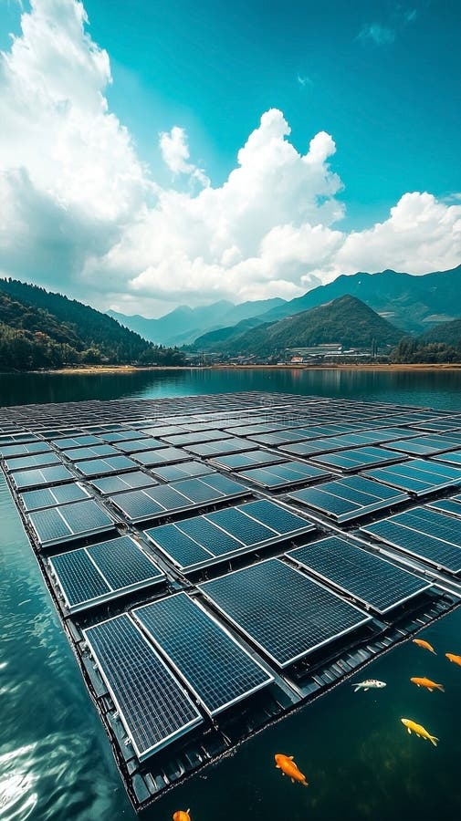 Solar Panel Array on Water Reservoir with Mountain Scenery and Cloudy ...