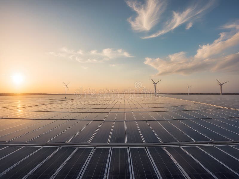 Solar Panel Array with Wind Turbines at Sunset Generating Clean Energy ...