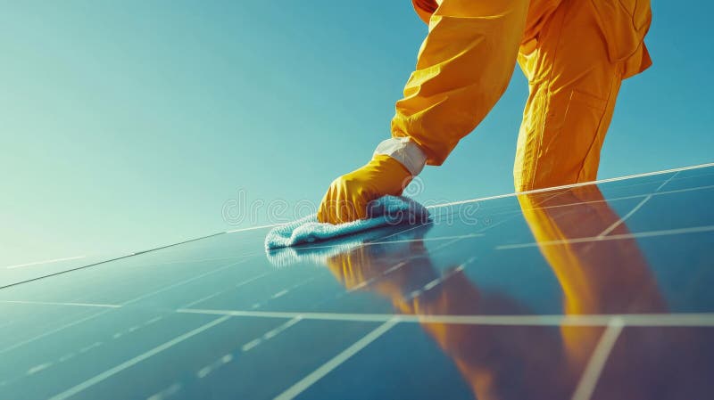 Solar Panel Being Cleaned with Microfiber Cloth, Blue Sky Background ...