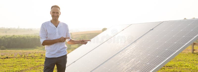 Solar Panel on Blue Sky Background. Green Grass and Cloudy Sky ...