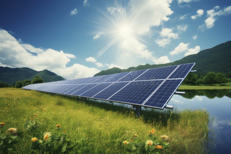 Solar Panel on Blue Sky Background. Panels Installed in Straight Long ...