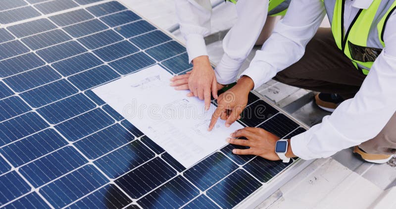 Solar Panel, Blueprint and Hands of People in City for Planning, Installation or Maintenance ...