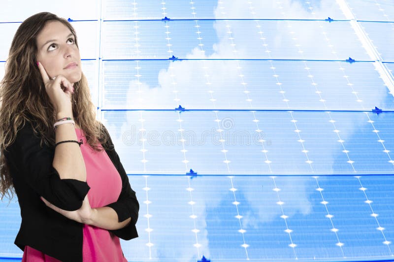 Beautiful Young Woman Near Solar Panels Stock Photo - Image of ...