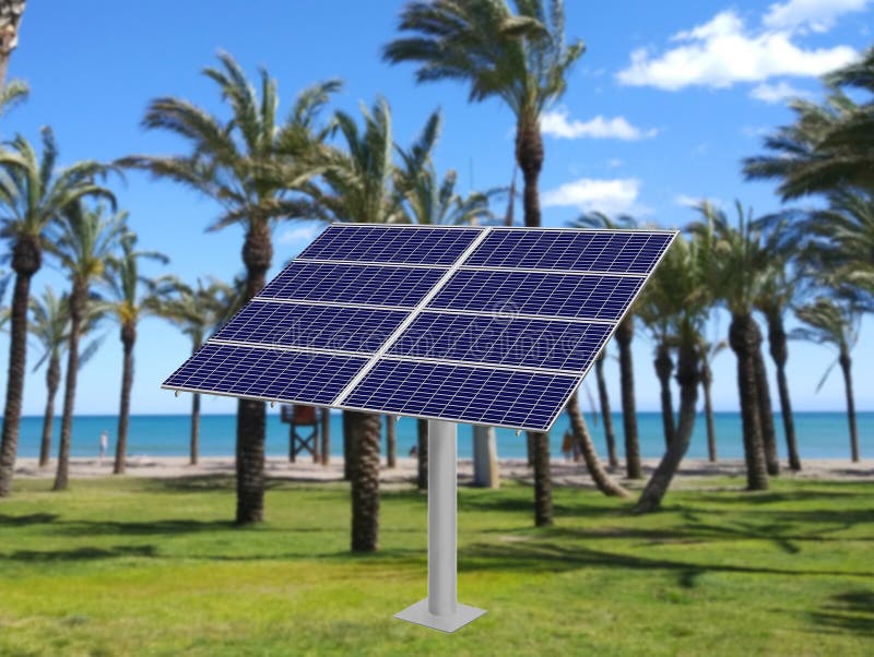 Solar Panel Cell on Caribbean Sunny Beach Stock Photo - Image of ...