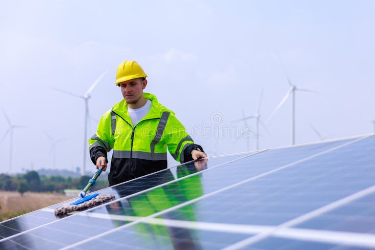 Solar Panel Cleaning Staff, Use a Mop Working for Good Performance in ...
