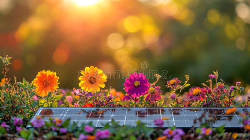 Solar Panel among Colorful Blooming Flowers in Sunlight Stock ...