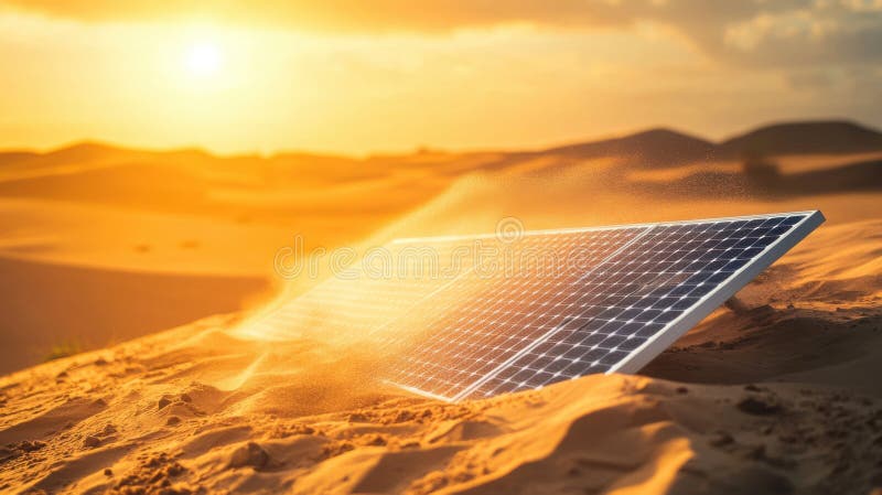 Solar Panel Covered in Sand, Wind Blowing Dust Across Surface, Desert ...