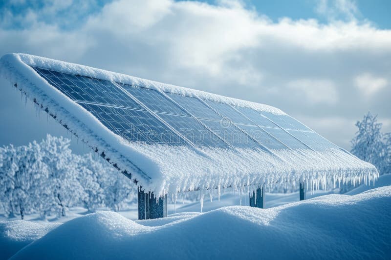 Solar Panel Covered with Snow and Ice in Winter, Demonstrating ...