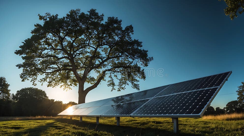 Solar Panel Creates Tree Shadow at Sunset, Highlighting Climate Action ...