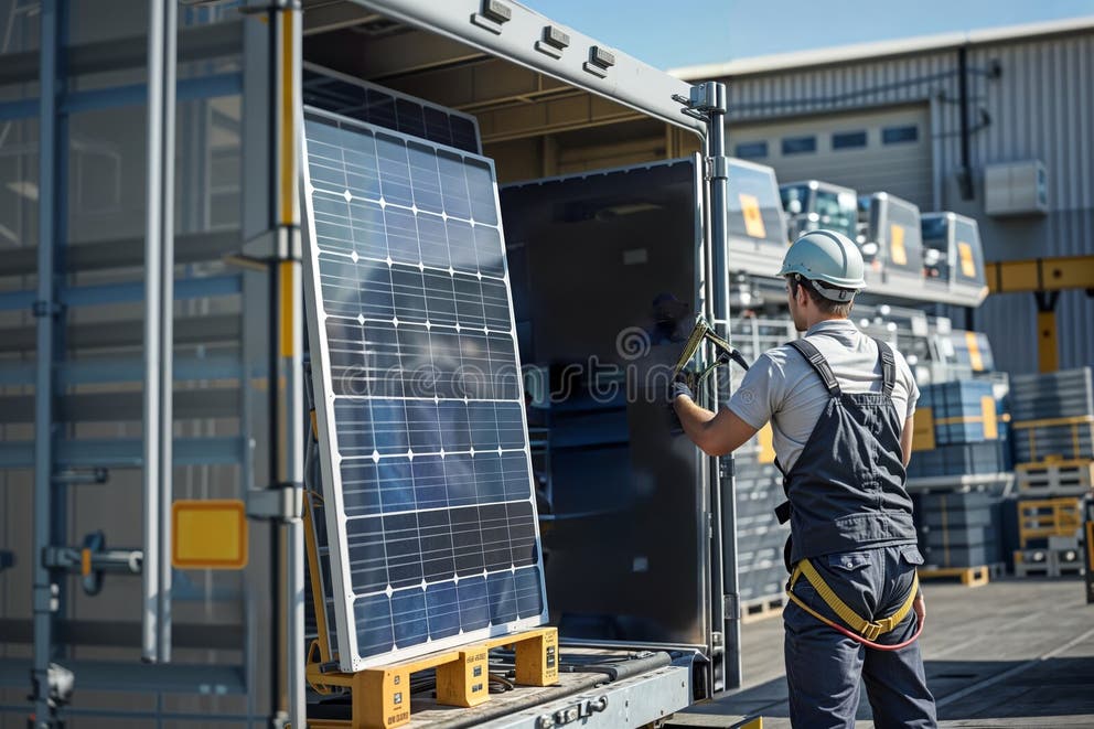 Solar Delivery: Worker Unloading Solar Panels from Truck, Generative Ai ...