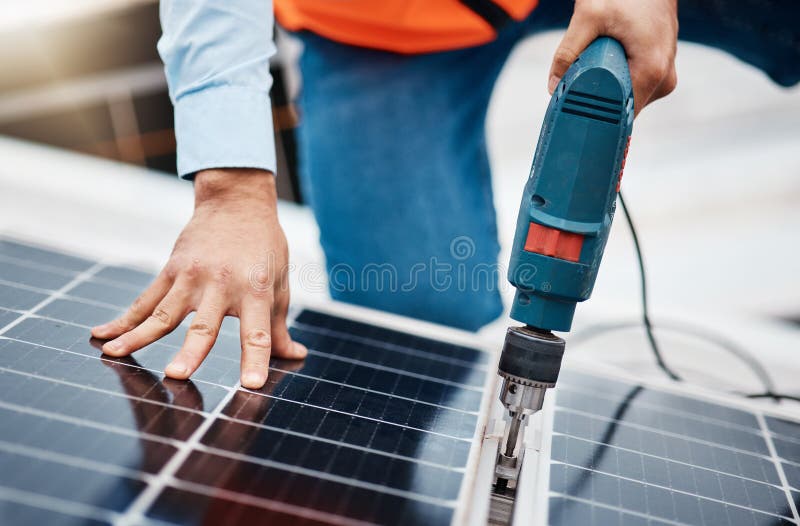 Solar Panel, Drill and Engineering with Hands of Man for Renewable ...