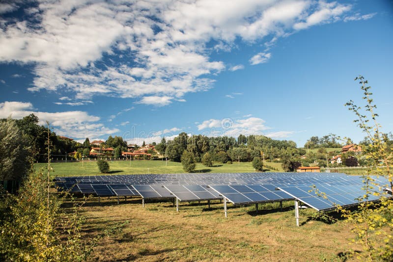 Solar Panel Electricity Central Field in Sunny Day with Blue Sky and ...