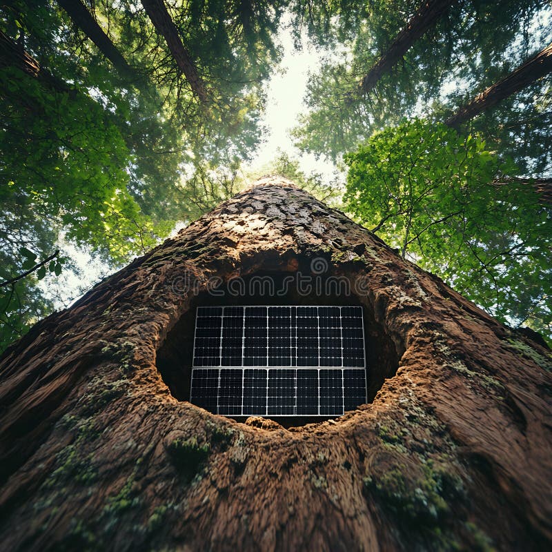 Solar Panel Embedded in a Tree Trunk in a Forest Stock Illustration ...