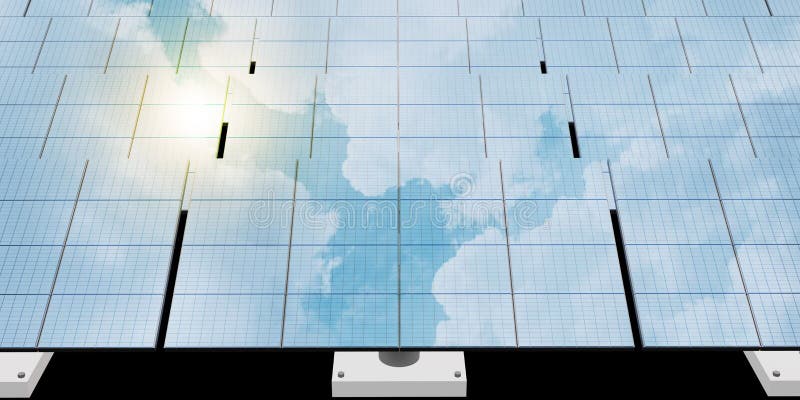 Solar Panel Solar Energy Reflection with Sky and Clouds 3D Illustration ...
