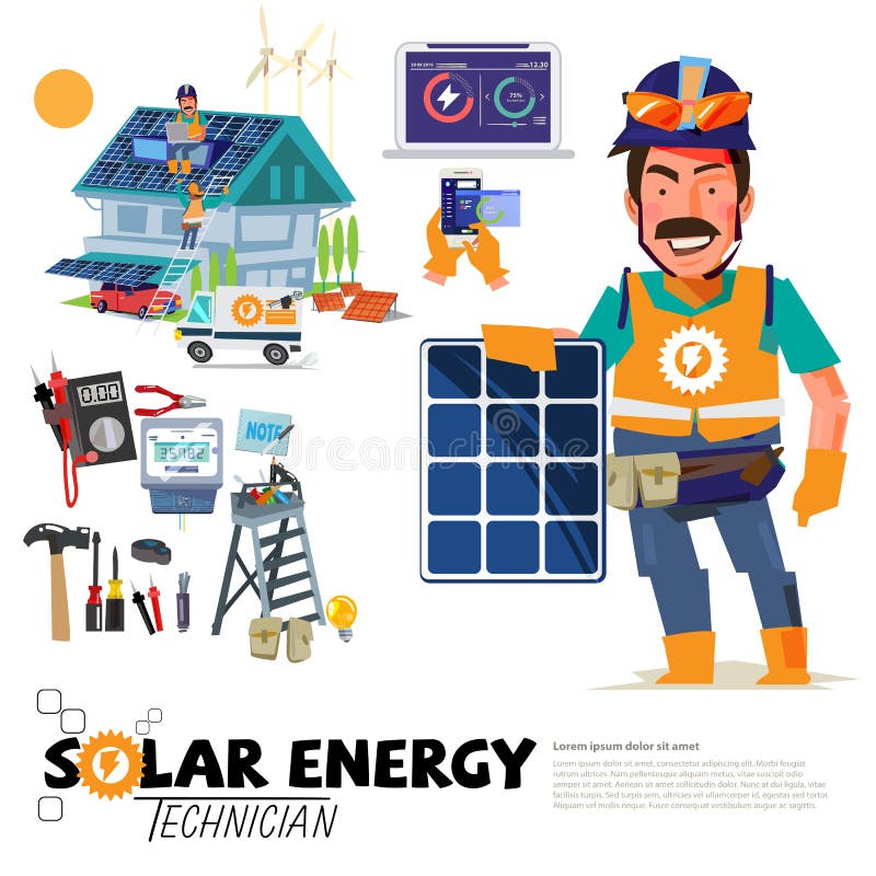 Solar Panel Engineer Character Design. with Solar Enegy Tool Collection ...