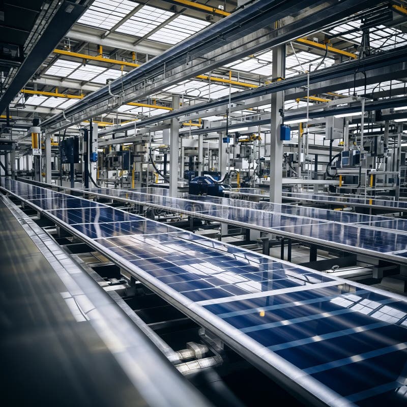 A Solar Panel Factory Displays Shiny Panels on Conveyor Belts in Motion ...