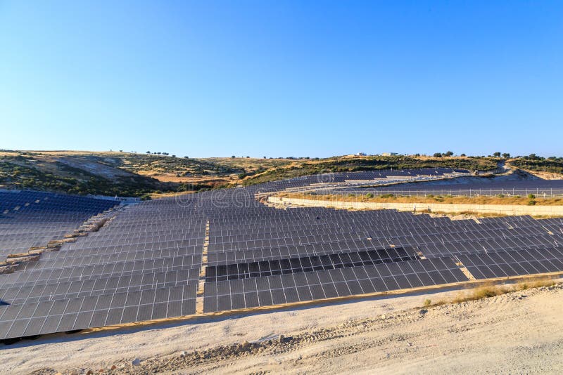 Solar panel farm on Cyprus stock photo. Image of light - 164158456