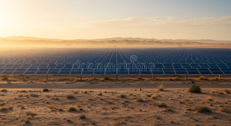 Solar Panel Farm in Desert Landscape at Sunset Providing Clean Energy ...