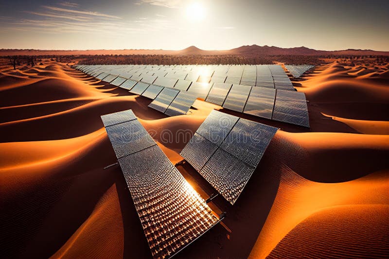 A Solar Panel Farm in a Remote Desert, with the Panels Arranged in a Pattern and Reflecting the ...