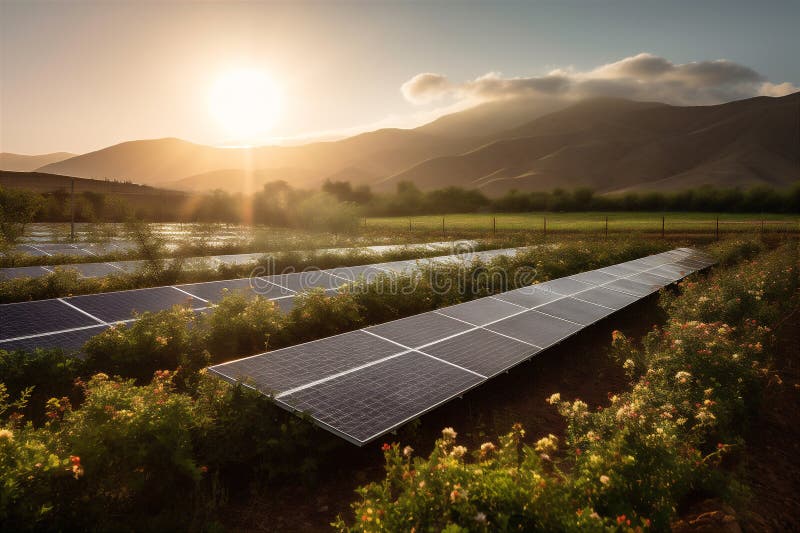 Solar Panel Farm with Rows of Panels. Clean Energy Concept. AI ...